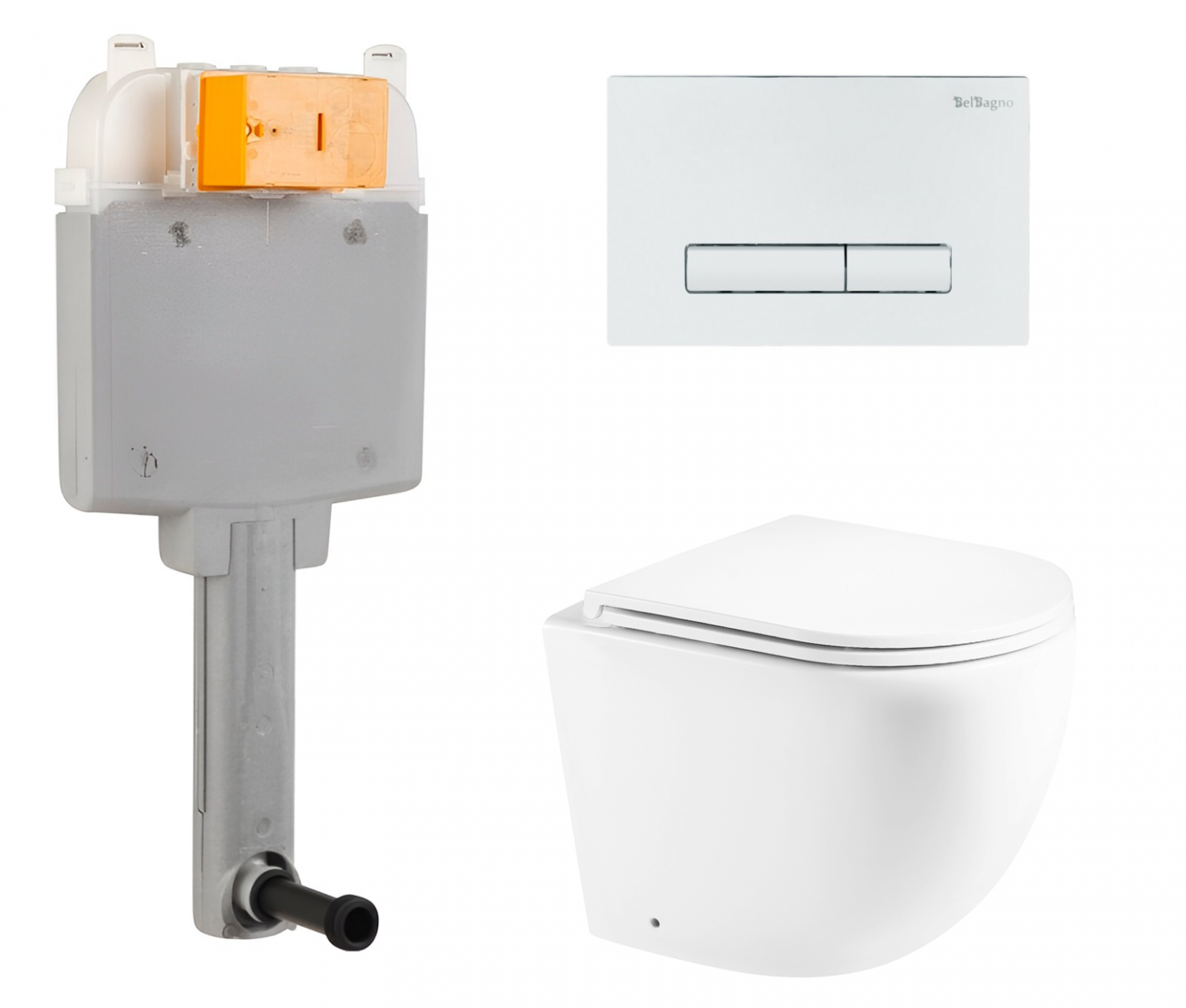 Комплект 3 в 1 смывной бачок скрытого монтажа BelBagno BB025-CS + Унитаз приставной Enio Unico с кнопкой белой Genova