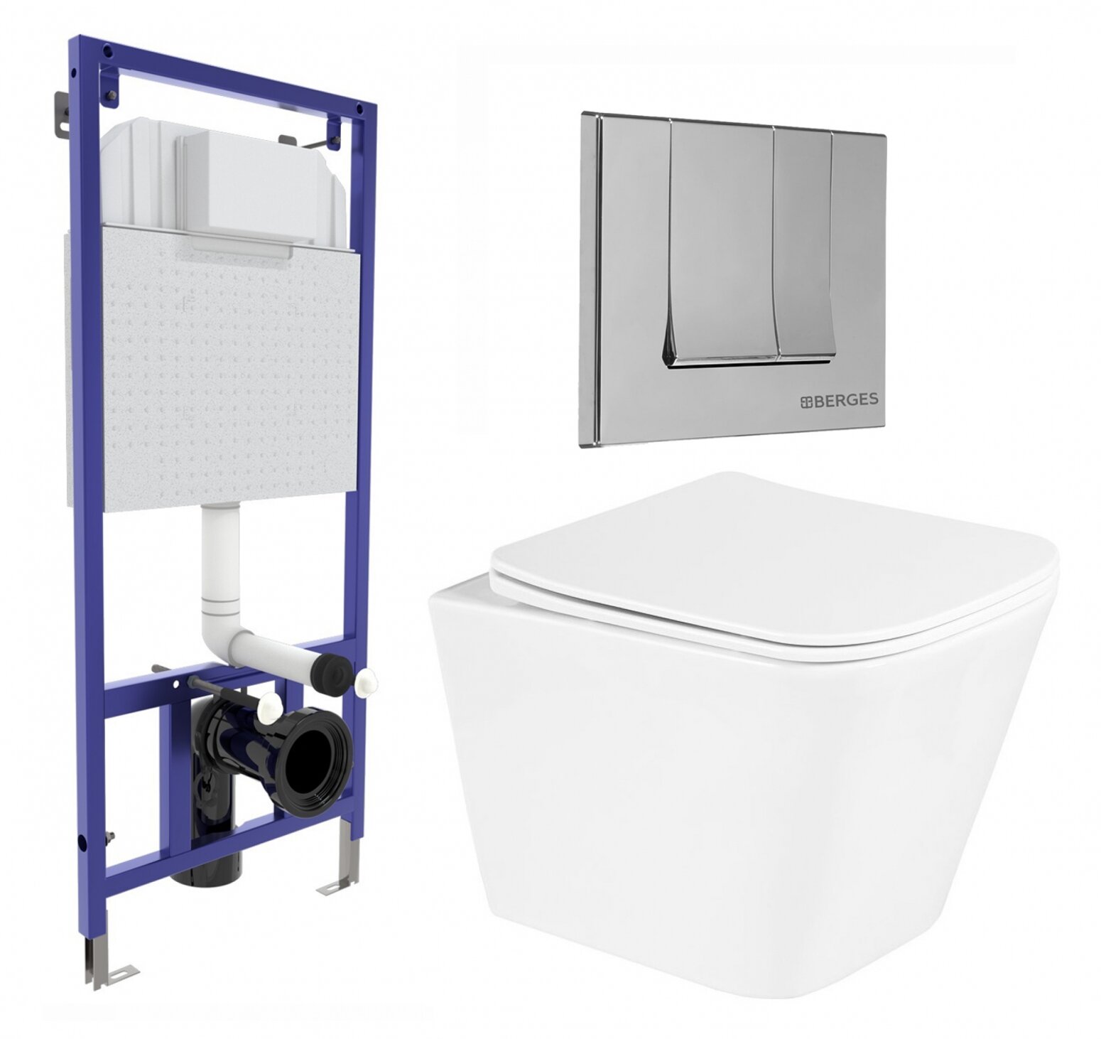 Комплект 3 в 1 инсталляция Berges Wasserhaus Novum 040243 + Унитаз подвесной BelBagno Due BB3103CHR/SC + кнопка хром