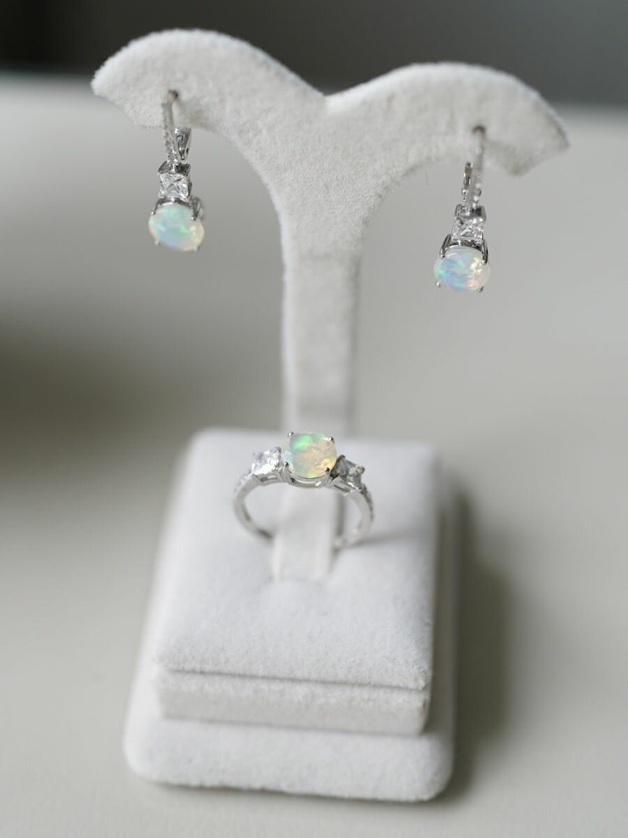 Серьги с подвесками KAPLI jewelry, серебро, 925 проба, родирование, опал, фианит, длина 2.6 см, , серебристый/белый — фото 1