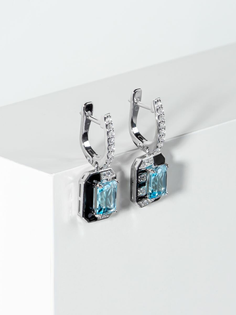 Серьги с подвесками, серебро, 925 проба, родирование, эмаль, фианит, топаз