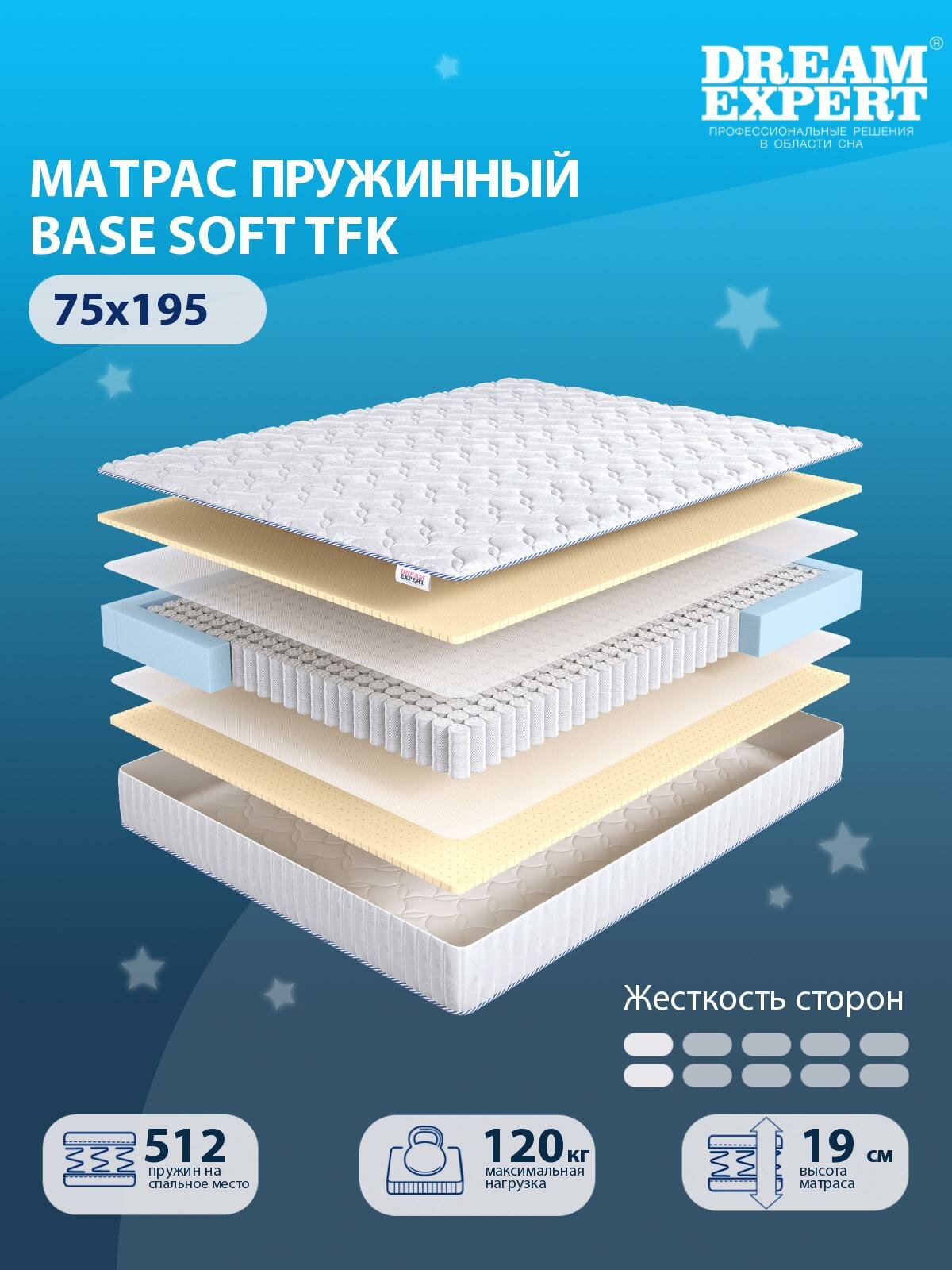 Матрас, Ортопедический матрас DreamExpert Base Soft TFK низкой жесткости, детский, независимый пружинный блок, на кровать 75x195