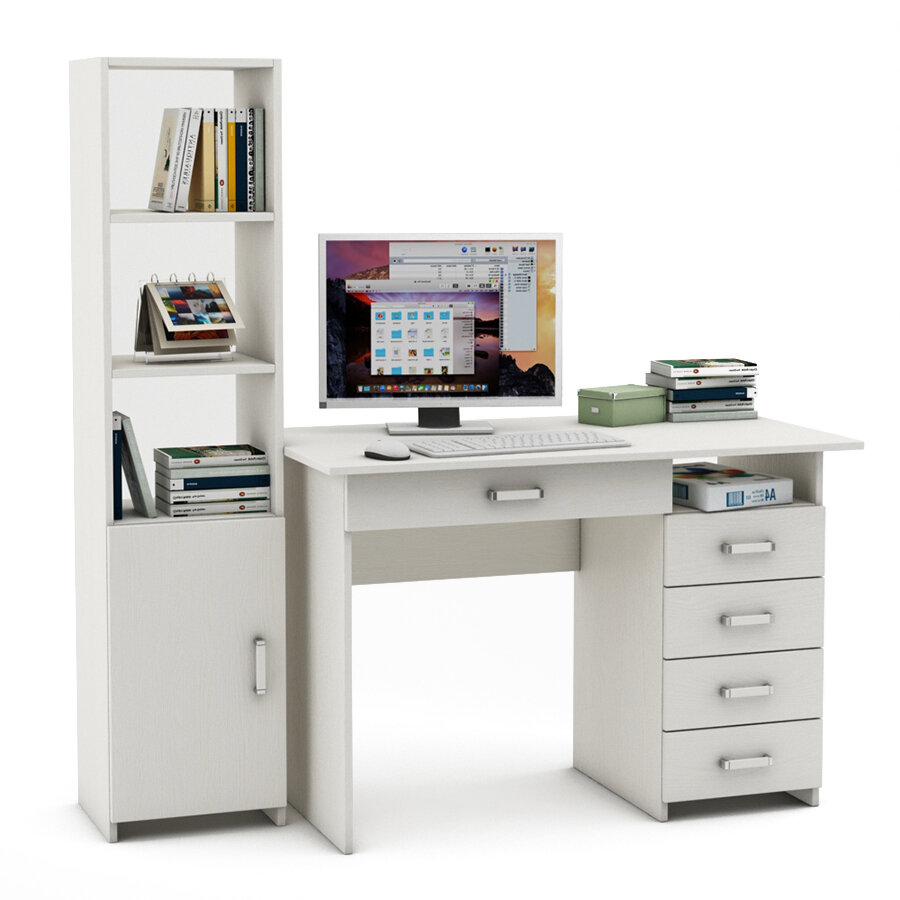Стол письменный, компьютерный Лайт (Ньюкасл) 5Я с ящиком и стеллажом 145х60х149,2 см, Белый