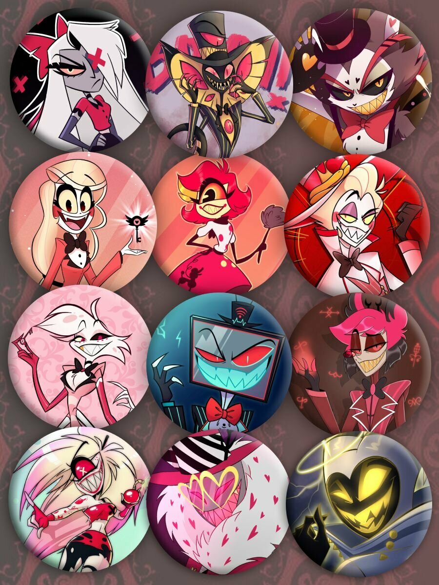 Набор значков Hazbin Hotel 12 шт 44 мм/ Отель Хазбин