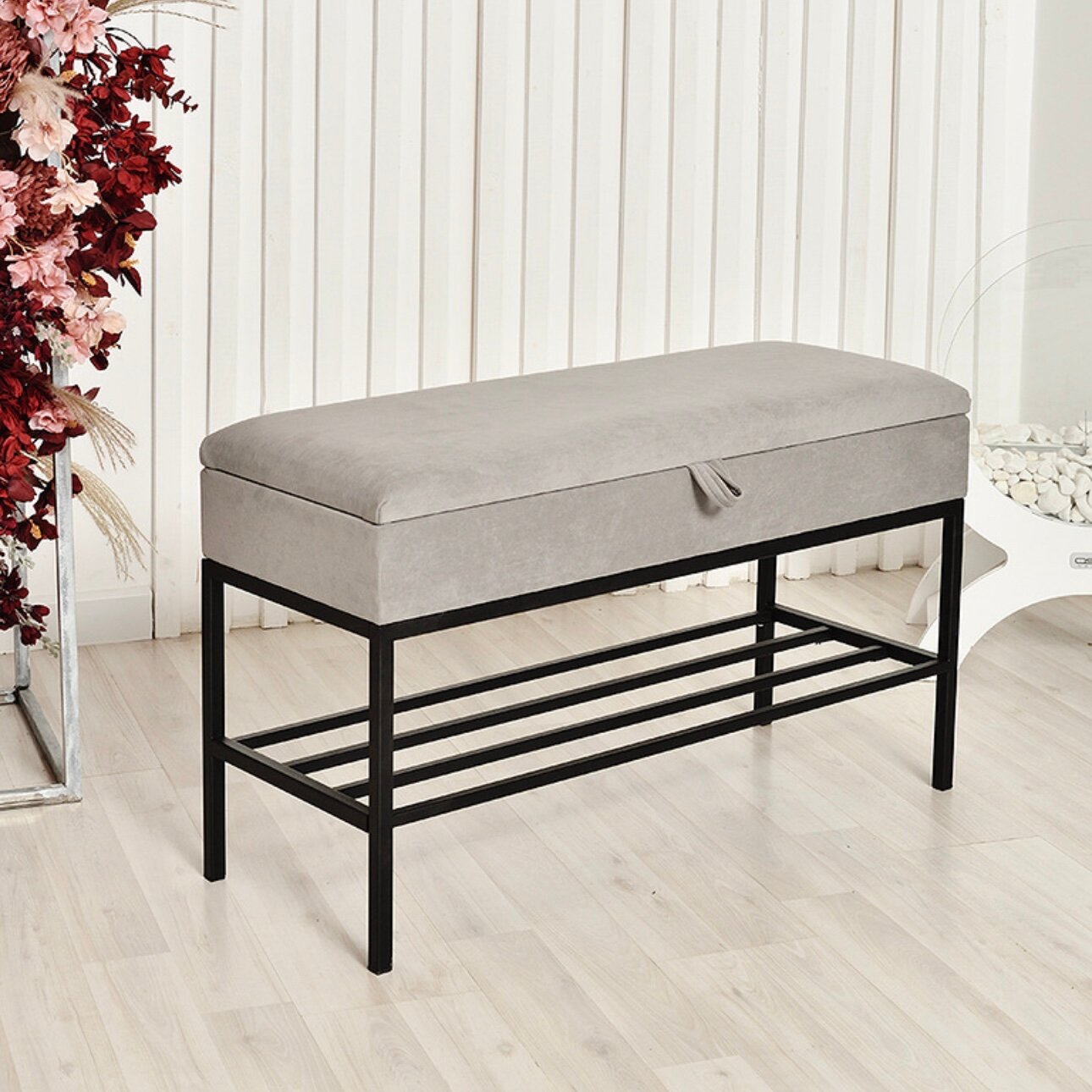 Банкетка в прихожую с мягким сиденьем, ящиком и полками для обуви 90х35х51см