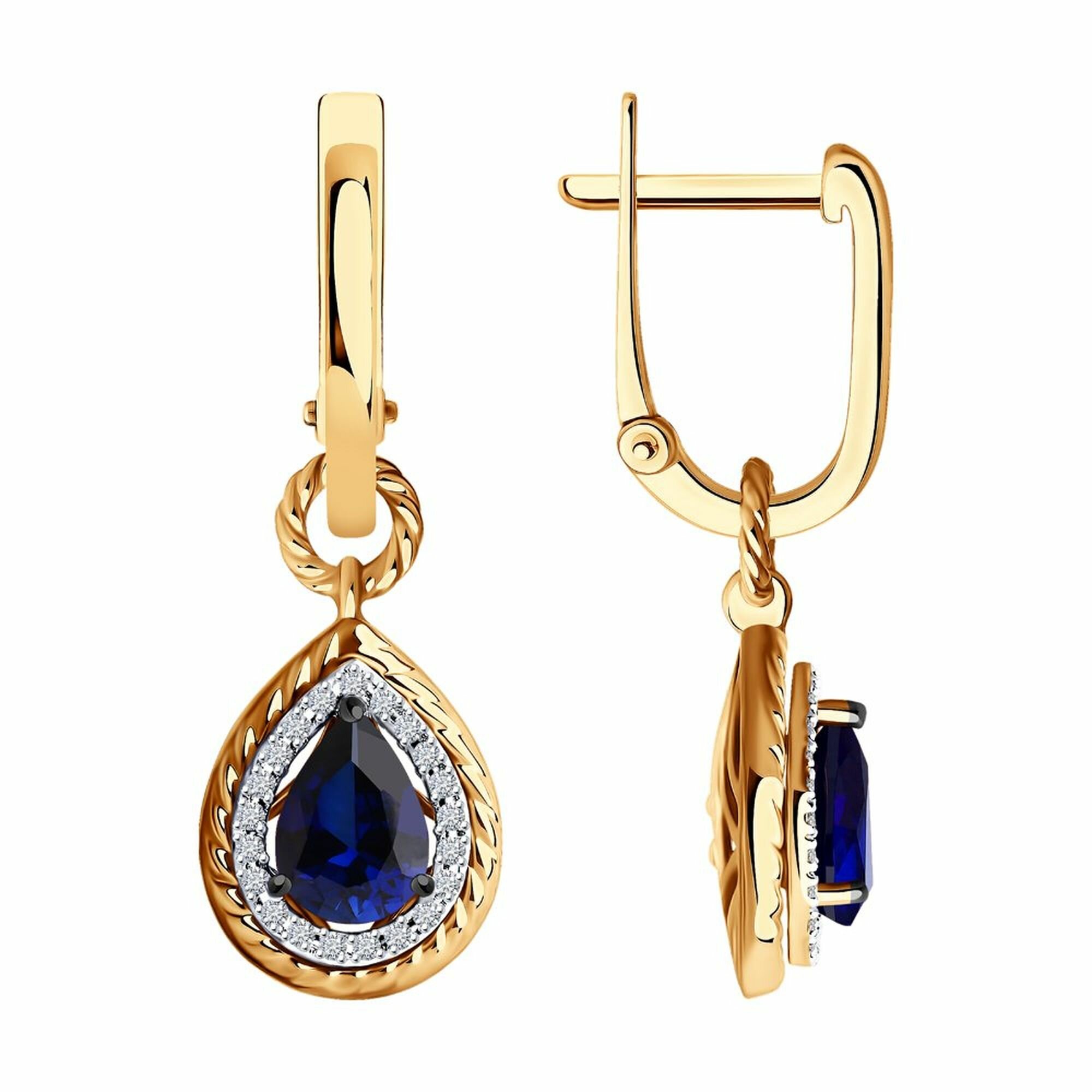 Серьги трансформеры, красное золото, 585 проба, сапфир, бриллиант