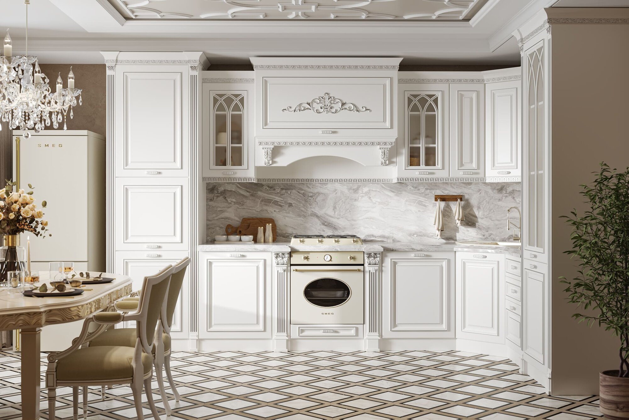 Кухня Арида "Монако", угловая, 375 см x 225 см, белый/серебристый