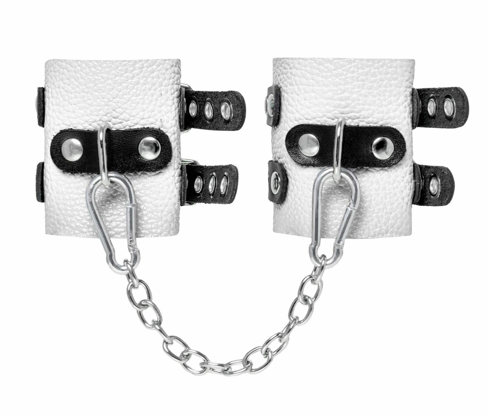 Бело-черные наручники с двумя ремешками и люверсами, белый с черным, натуральная кожа, металл, Унисекс, BDSM, садо-мазо товары