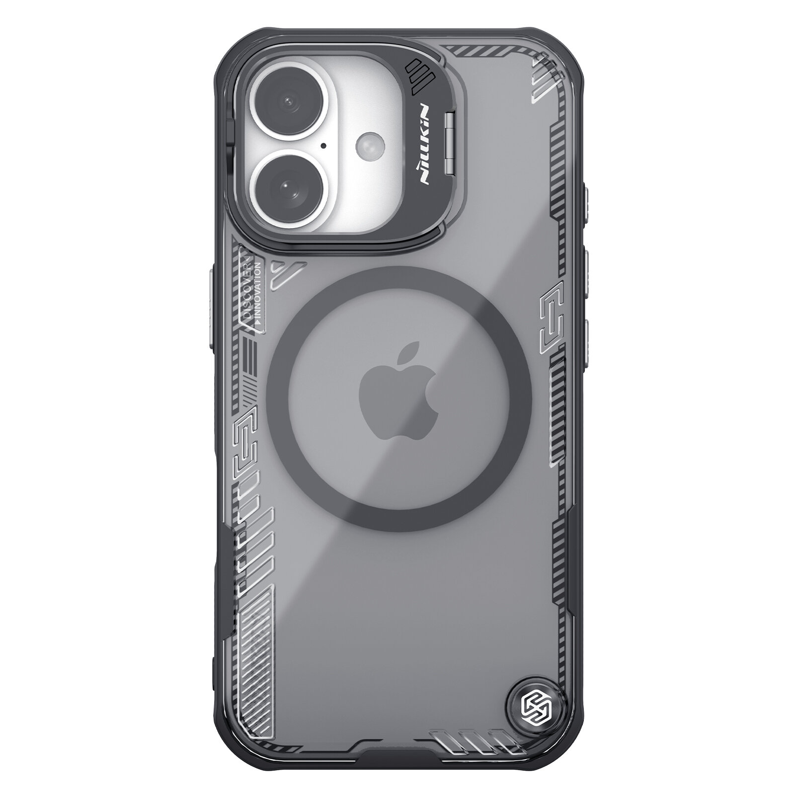 Чехол тонированный прозрачный от Nillkin с металлической крышкой и поддержкой магнитной беспроводной зарядки MagSafe на iPhone 16, серия Iceblade Prop Magnetic Case (версия с открытой камерой)