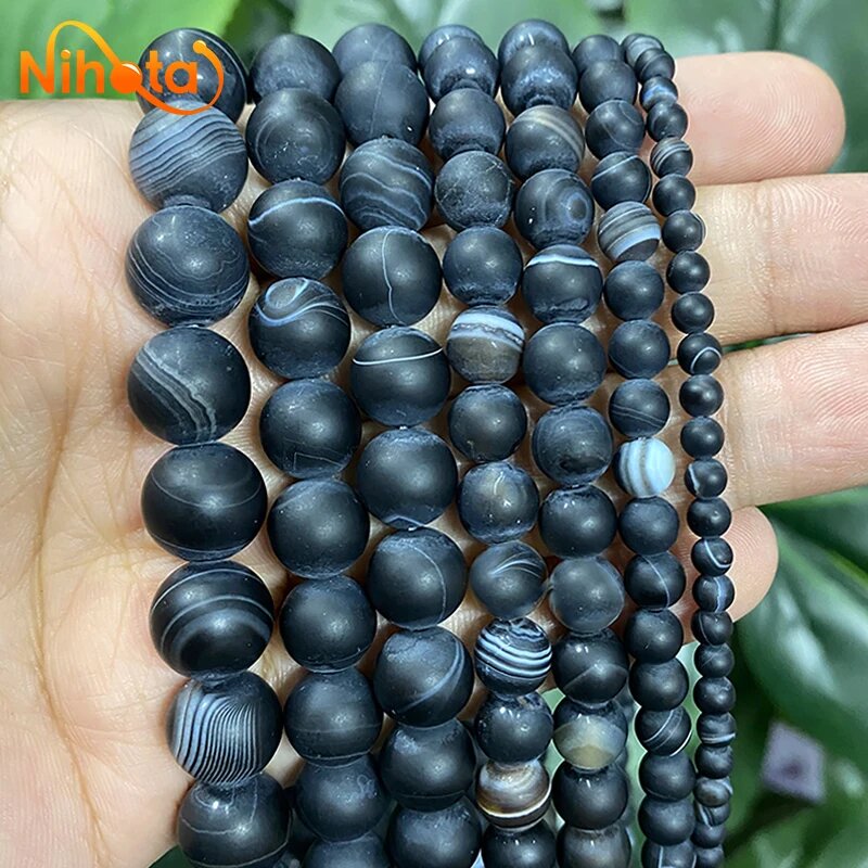 Матовые черные полосатые агаты с ониксом, бусины 4/6/8/10/12/14 мм