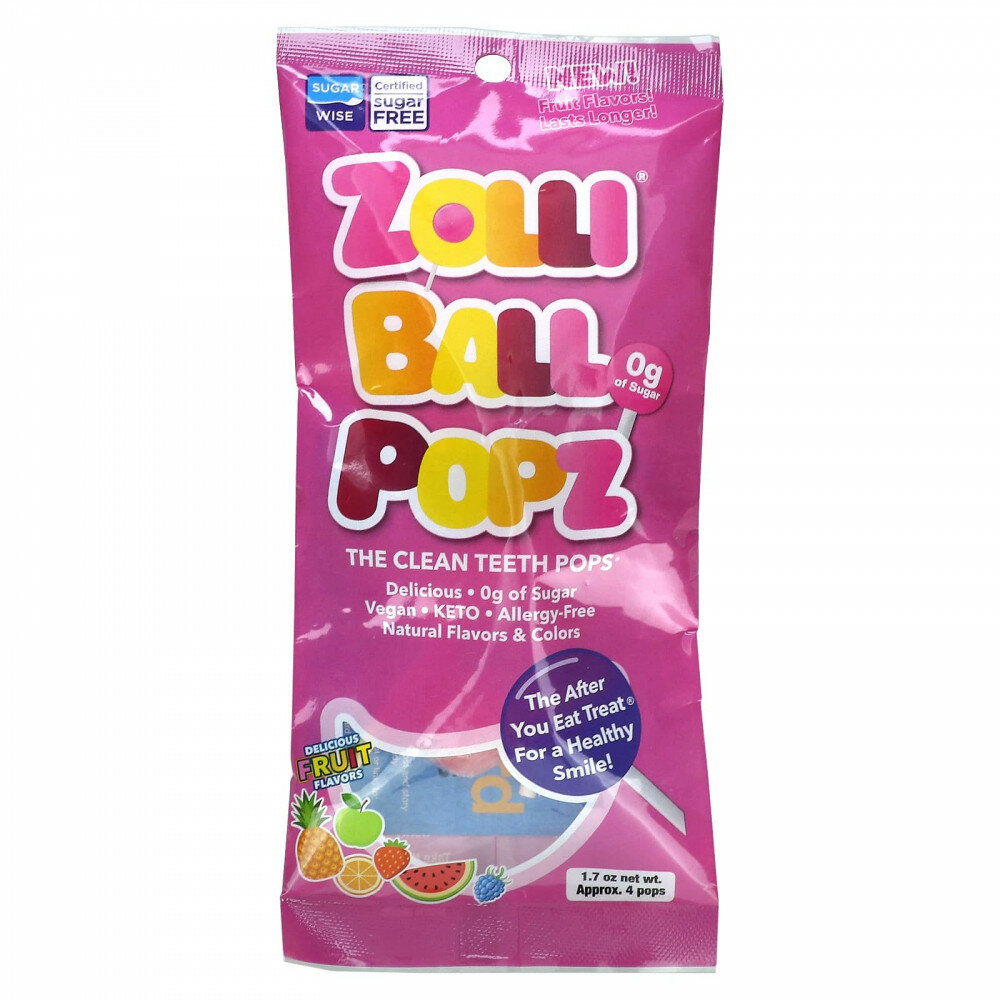 Zollipops, Zolli Ball Popz, леденцы для зубов, со вкусом вкусных фруктов, прибл. 4 леденца, 50 мл (1,7 унции)