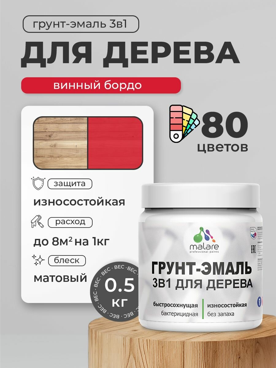 Акриловая Грунт-Эмаль 3 в 1 Malare для деревянных поверхностей/ краска по дереву с антисептическим эффектом/ быстросохнущая моющаяся без запаха матовая, винный бордо, 0.5 кг