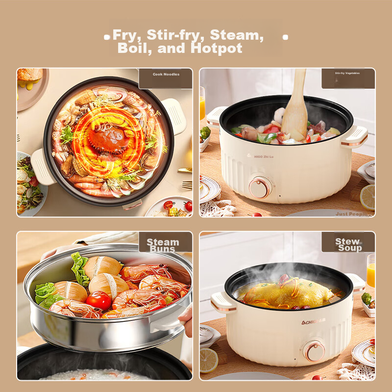 CHIGO Electric Cooking Pot, Multi-Functional Electric Pot, Dormitory Instant Noodle Small Electric Pot, Steaming And Cooking All-In Electric Hot Pot, Specialized Pot for 1-3 People, YGJX-49 with Steamer