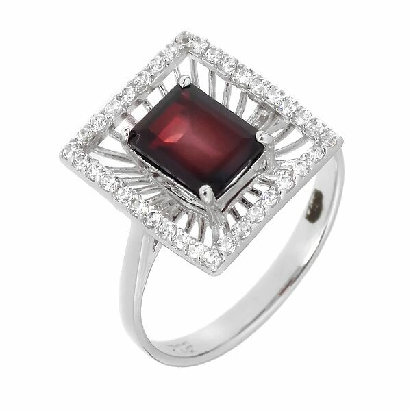 Кольцо тонкое, серебро, 925 проба, родирование, гранат, фианит