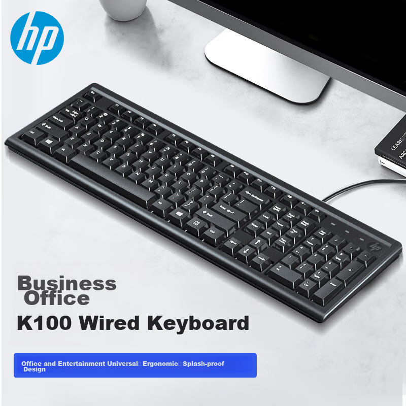 HP K100 Office Keyboard, Wired USB Keyboard, 104-Key Full Keyboard, Compatible with Laptops, Desktop Computers, And All-In Computers, Splash-Resistant