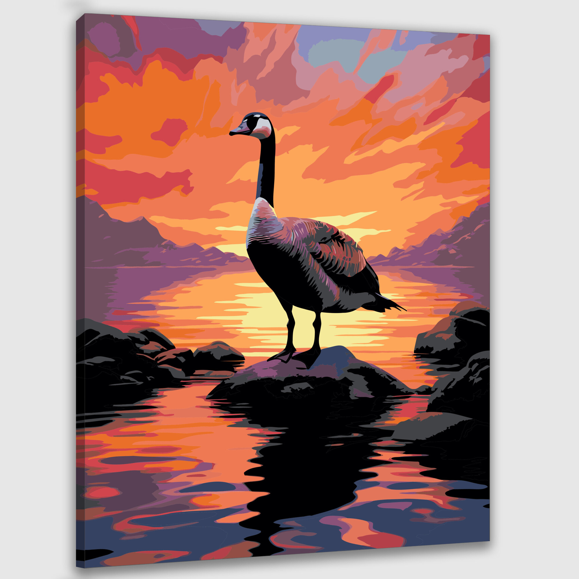 Картина по номерам 40x50 см, гусь, скалистый берег, небо, закат, отражение, воды, спокойствие, гармония, кисть