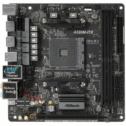 Материнская плата ASRock A320M-ITX (A320M-ITX) - AM4, AMD A320, 2xDDR4-3200 МГц, 1xPCI-Ex16, 1xM.2, Mini-ITX