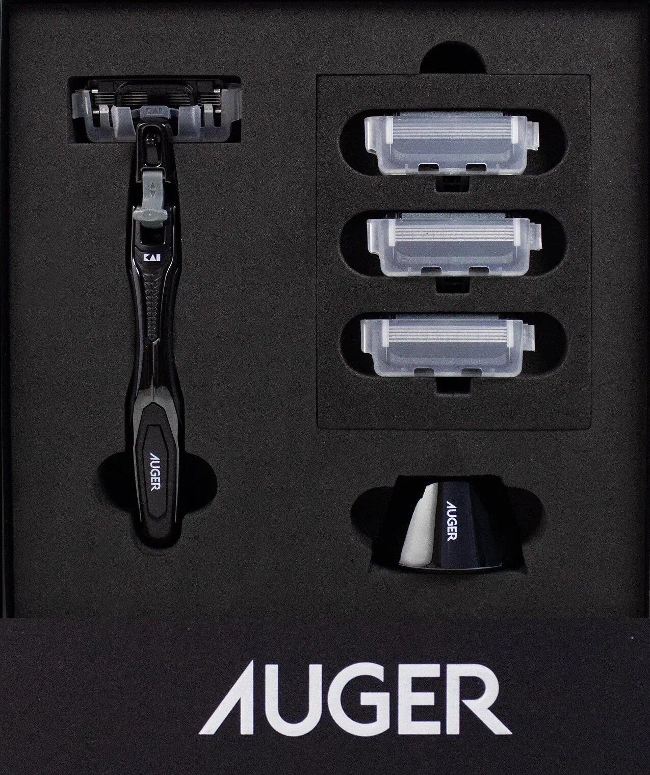 Подарочный набор для бритья AUGER (станок с 5 лезвиями + 4 сменные кассеты + держатель), 3D-подвеска