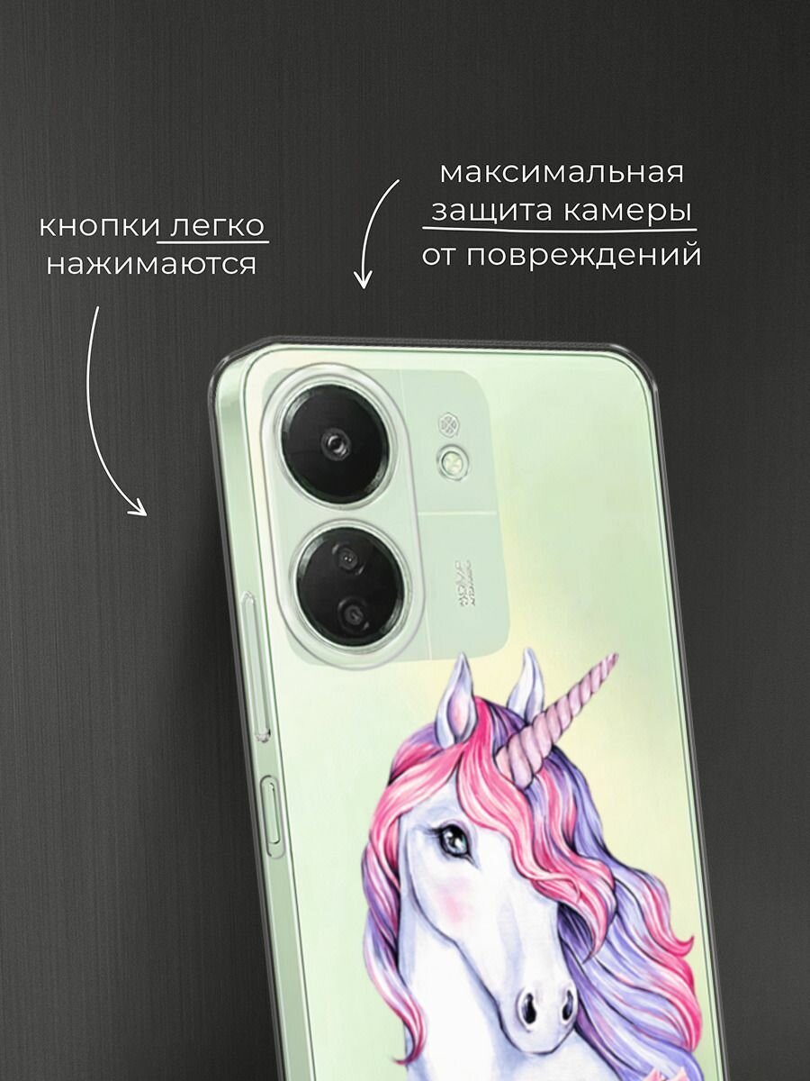 Чехол на Xiaomi Redmi 13C/Poco C65 / Сяоми Редми 13C/Поко С65 с принтом "Единорог с пионами", прозрачный — фото 1