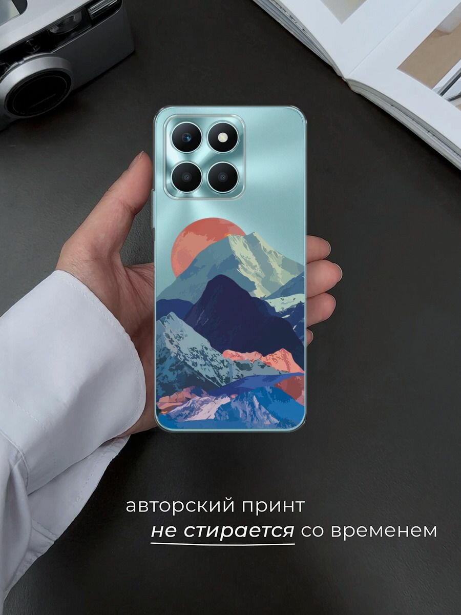 Чехол на Honor X6A / Хонор X6A с принтом "Закат в снежных горах", прозрачный — фото 1