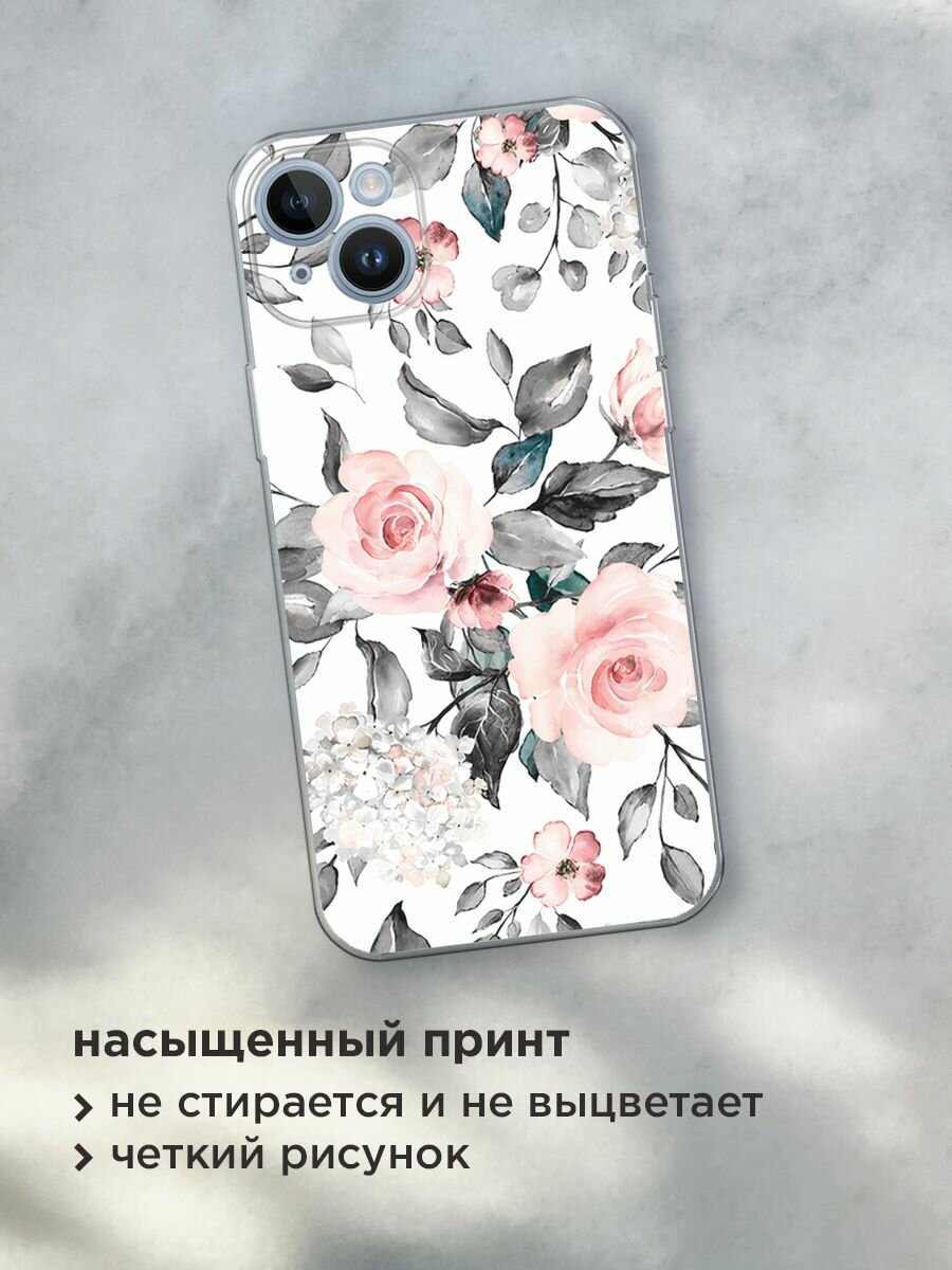 Чехол на Apple iPhone 14 / Айфон 14 с принтом "Розы на белом" — фото 1