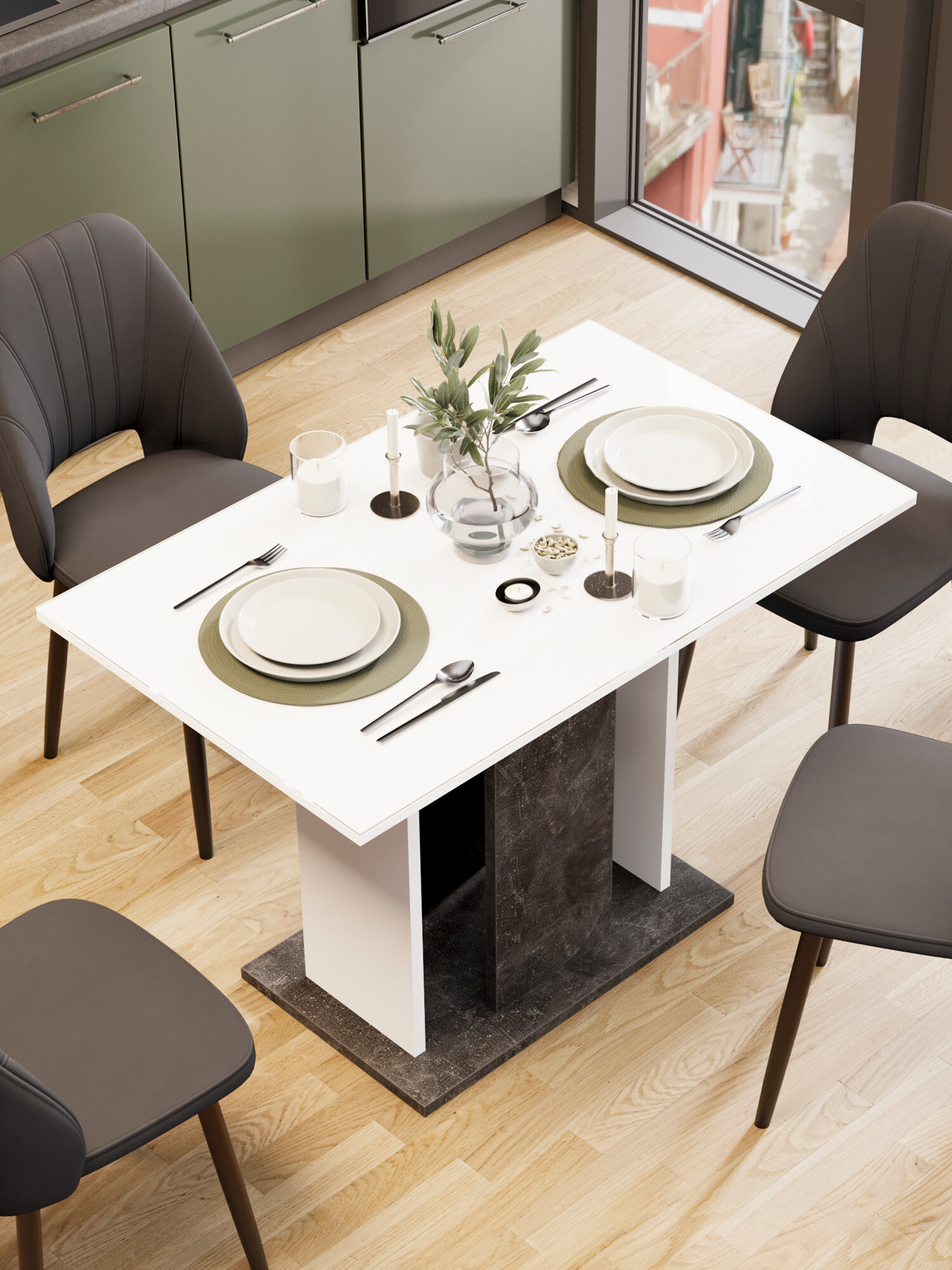 Стол раздвижной Кёльн 110х68 см. Ателье темный, Белый, Стекло Белый глянец