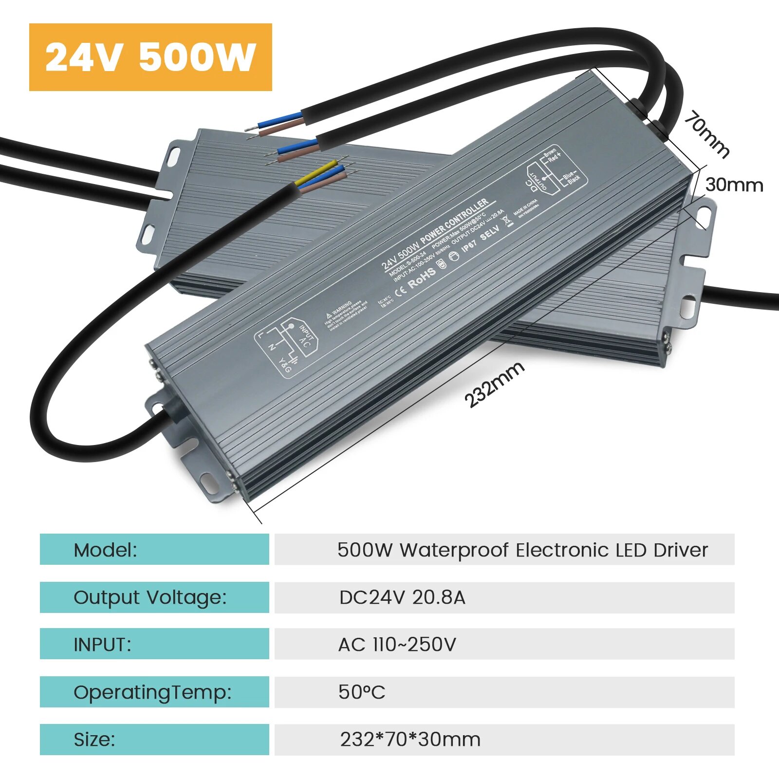 Трансформатор XUNATA для светодиодных лент 60-600Вт 24V 500W