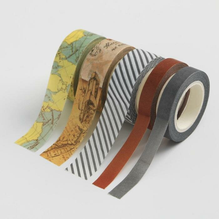 !09 Набор лент для декора и упаковки подарков; Набор клейких лент "Man" 5 шт. + Лента атласная, 2 см.*45 м, цвет хаки