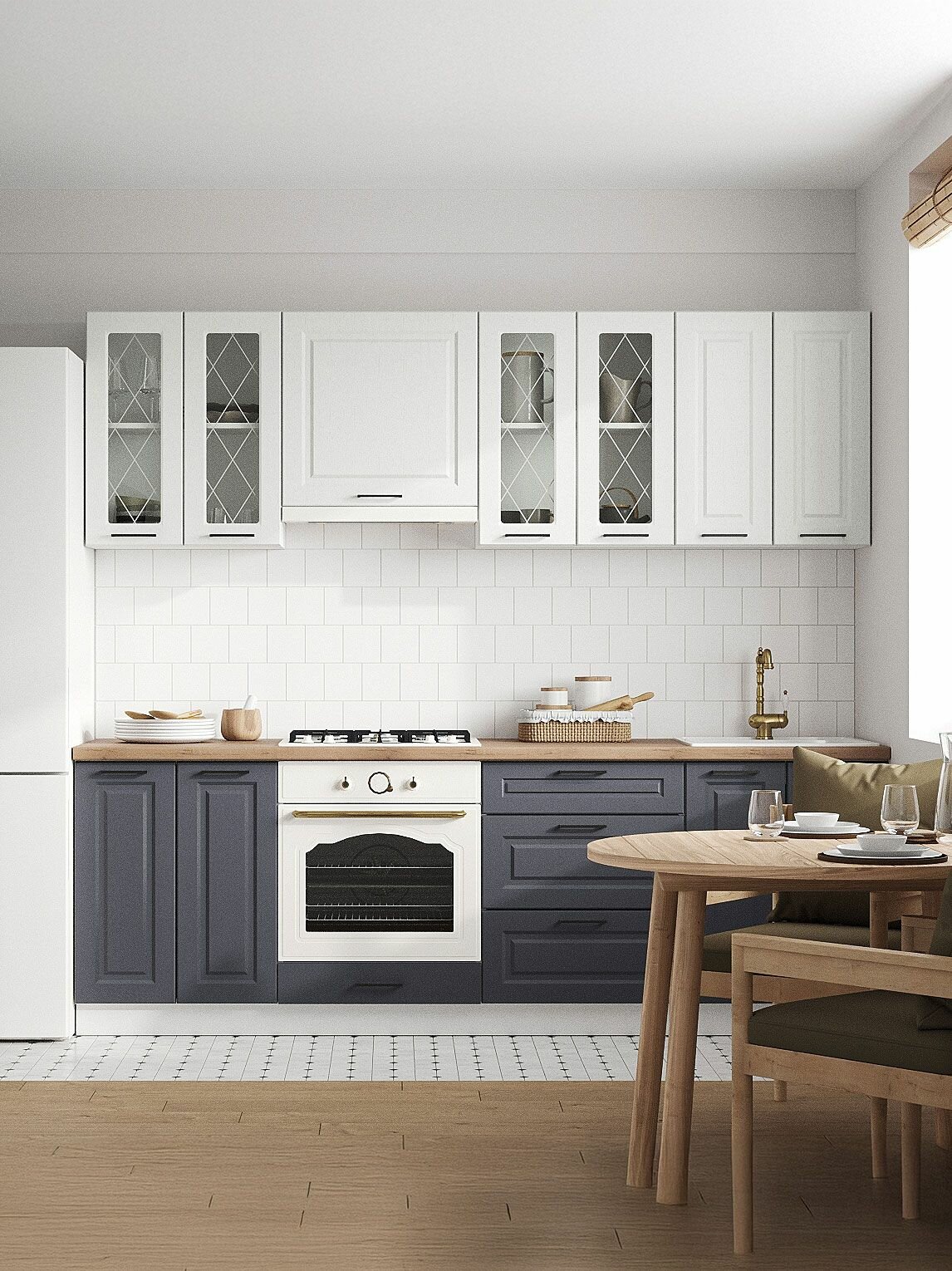 Кухонный гарнитур Шервуд 2.4 м, мебель для дома и кухни, Белый / Арктик со стеклом / Шато индиго