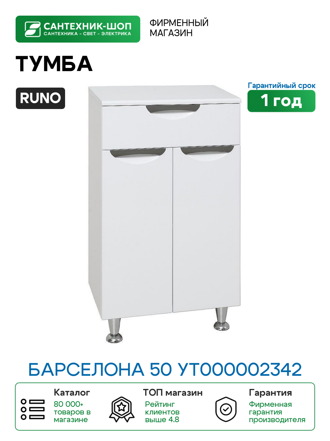 Тумба Runo Барселона 50 УТ000002342 Белая МДФ / ЛДСП