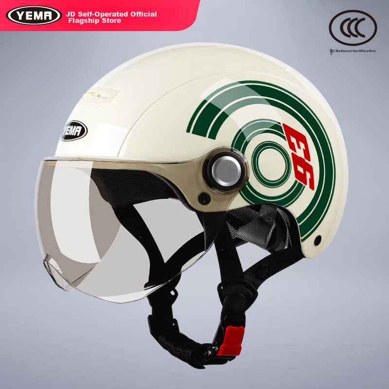 YEMA 3C Certified New National Standard Class A 362S Electric Vehicle Helmet, Women's Summer Sun Protection Motorcycle Safety Helmet, Men's Lightweight Electric Scooter Half Helmet, Khaki White 93 Green with Brown Short Visor
