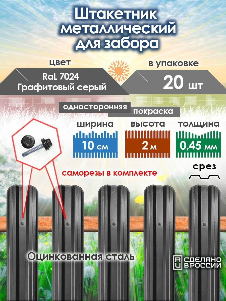 Металлический штакетник М-образный 2,0 м, 20 шт, RAL 7024