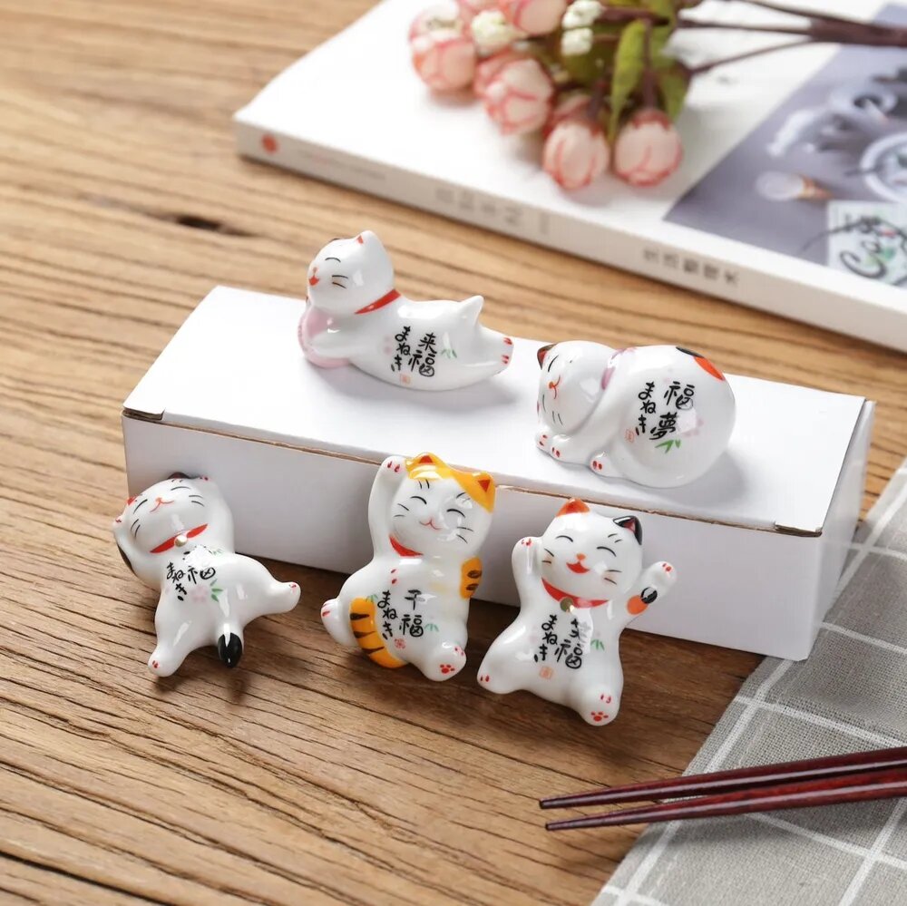 Набор из 5шт подставки для кошачьих палочек для еды, фарфоровых керамических фигурок котенка в японском стиле, статуэток кошки Фортуны, подставка для столовой посуды, подарок для домашней кухни