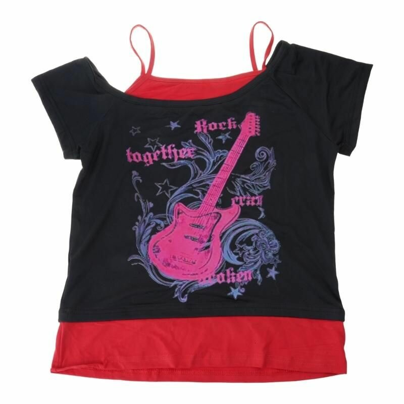Женский готический топ с короткими рукавами и принтом гитары, Черный и красный - M