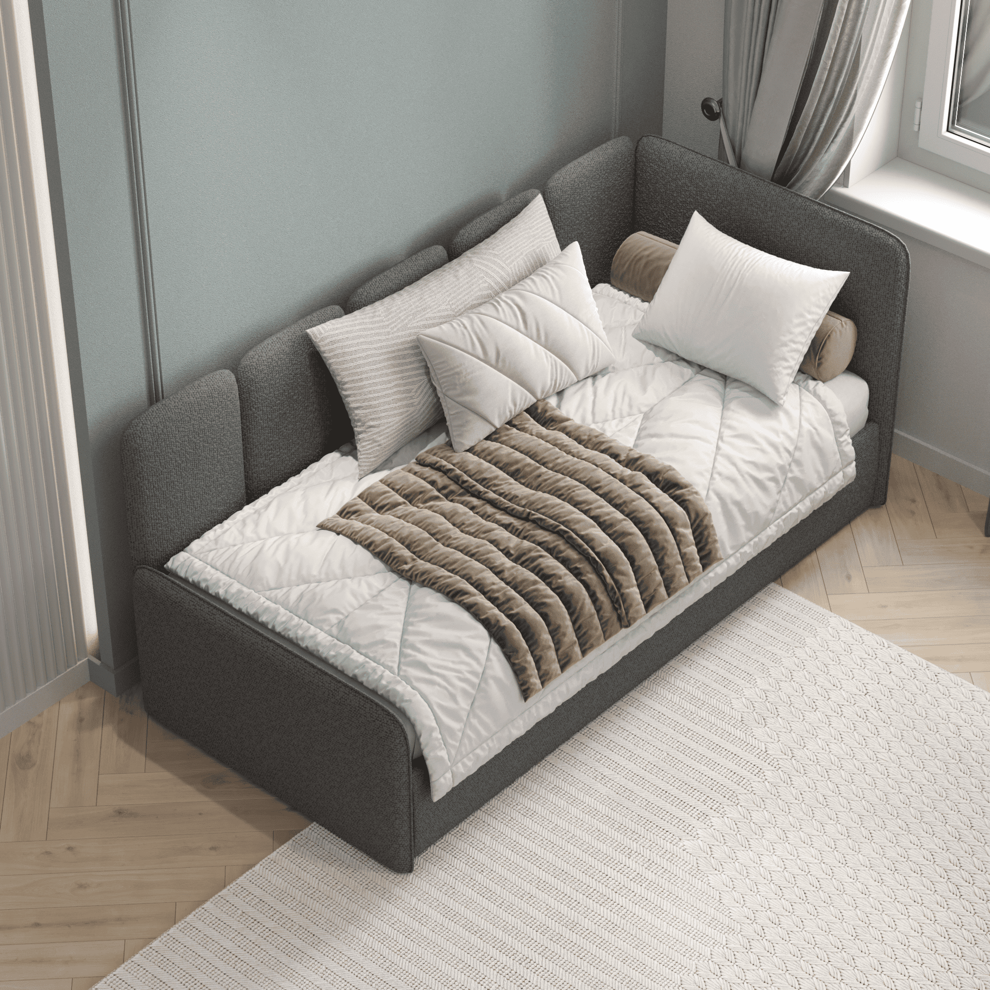 Кровать детская дизайнерская угловая 90х190 «Дюна», ткань букле , мягкая кровать