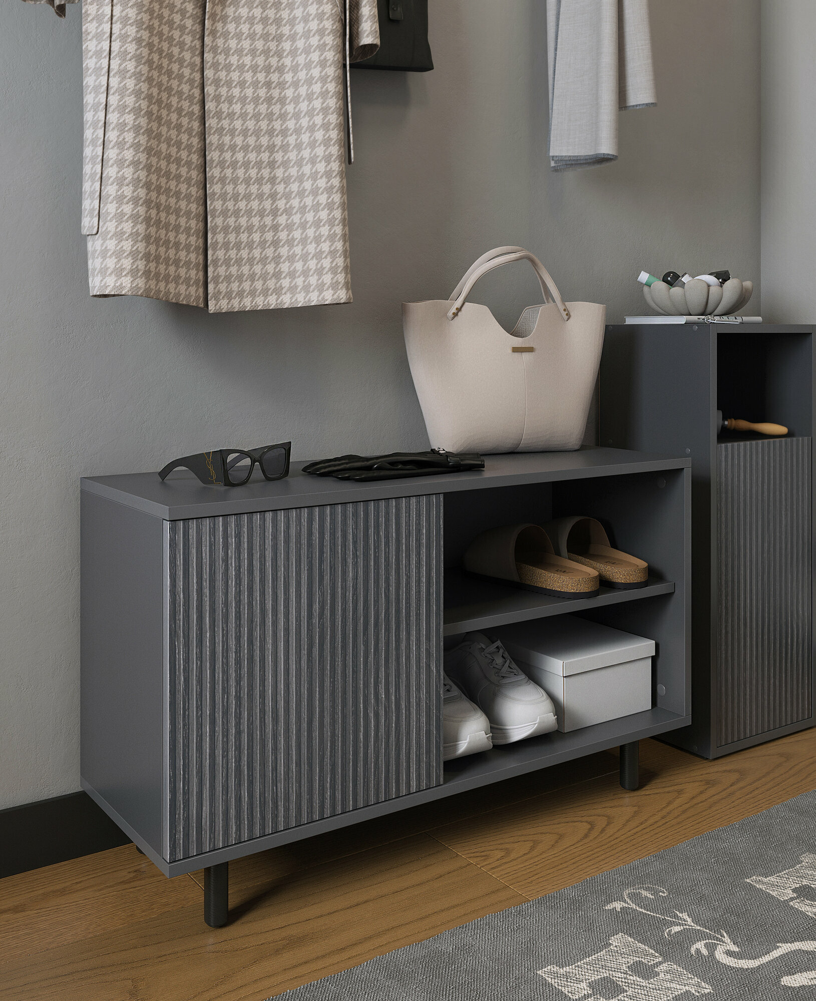 Обувница с принтом Рейки Мебельно "Топ Кадена Дарк", ЛДСП, 4 отделения, графит