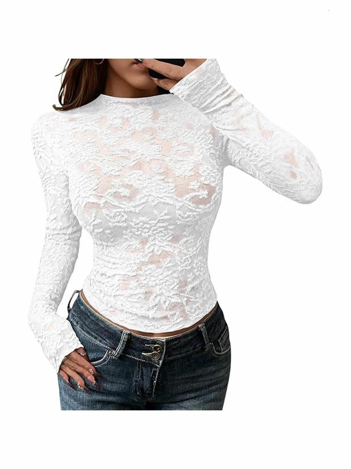 Женская блузка с длинным рукавом и цветочным узором, Белый - M