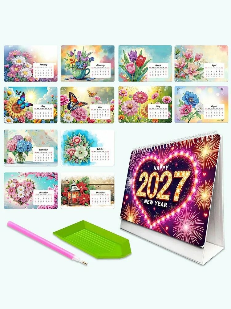 Набор для алмазной живописи на 2027 год, 13 страниц тема цветы и бабочки, настольный календарь с алмазной живописью своими руками для домашнего офиса