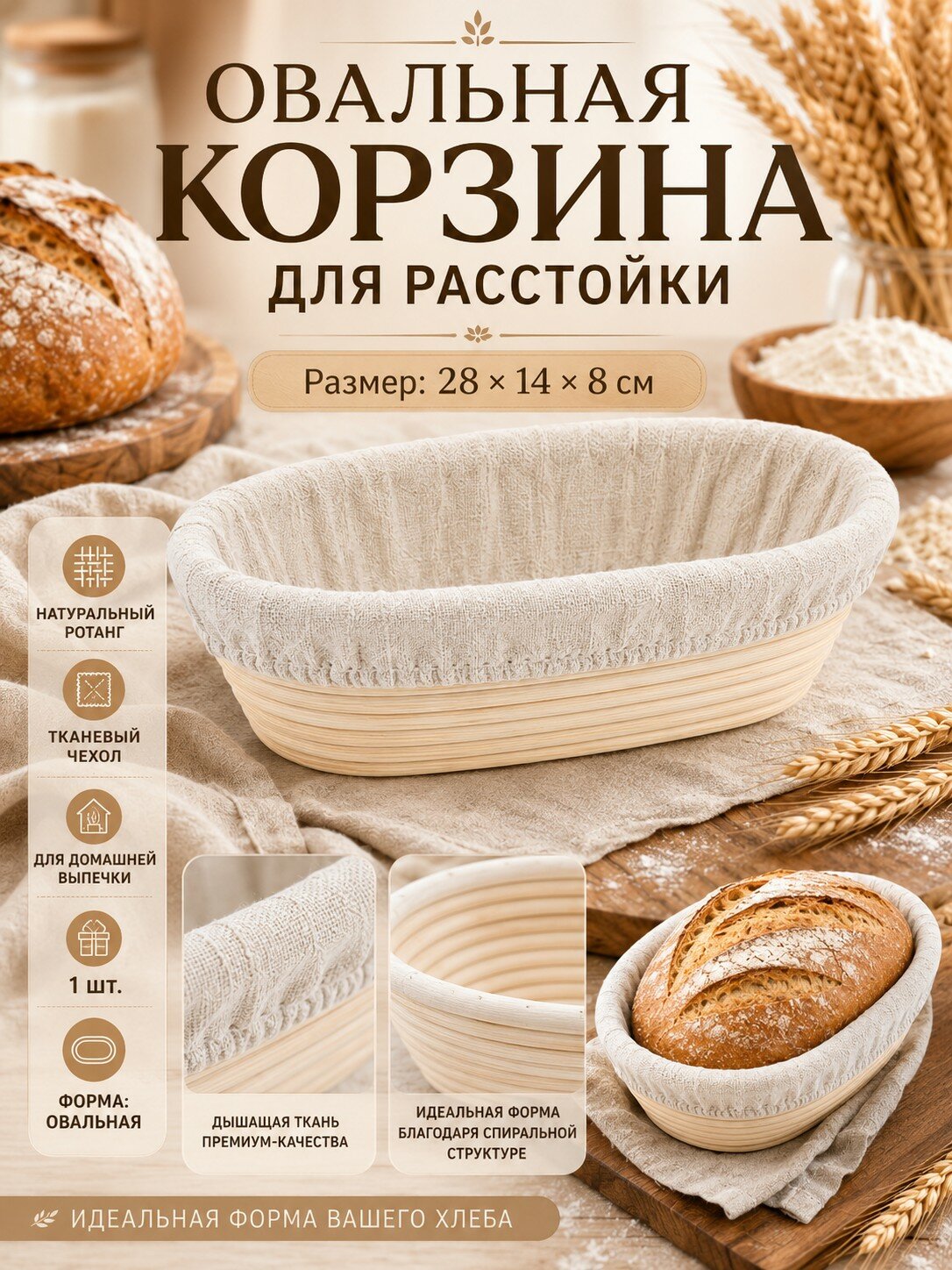 Корзина для расстойки хлеба длина 28 см, ширина 14 см, высота 8 см, 1 шт