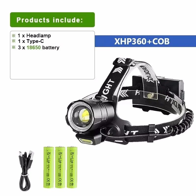 Налобный фонарь XHP360 для рыбалки и охоты B - 18650 Battery