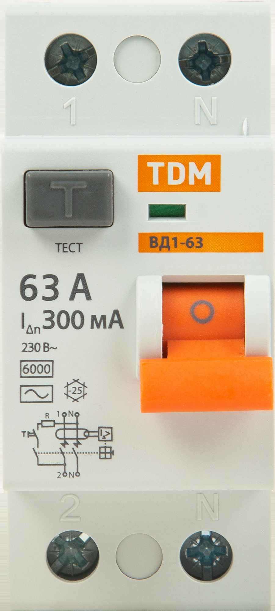 УЗО Tdm Electric ВД1-63 2P 63 A 300 мА 4.5 кА AC SQ0203-0018
