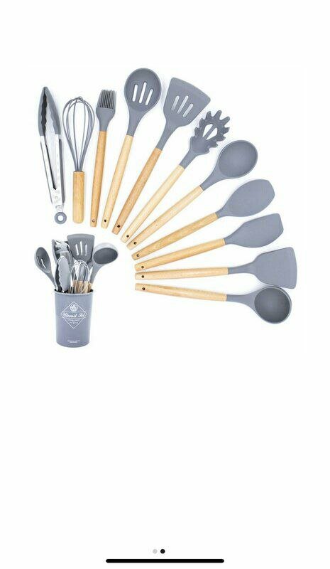 Набор кухонных принадлежностей, силикон/буковое дерево, 12 шт, серый