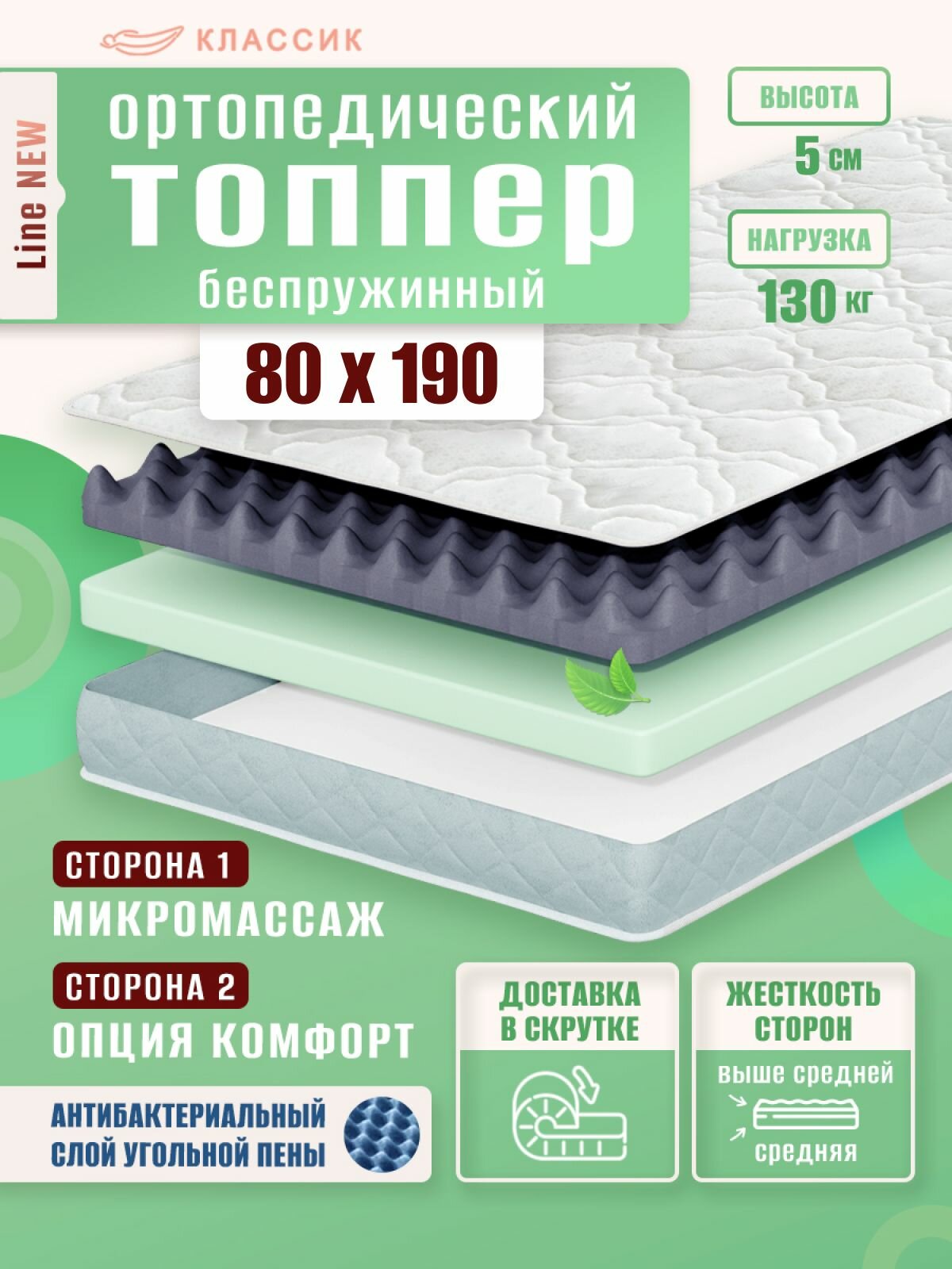 Топпер матрас 80х190 см, классик, Ортопедический, Беспружинный, высота 5 см, с массажным эффектом