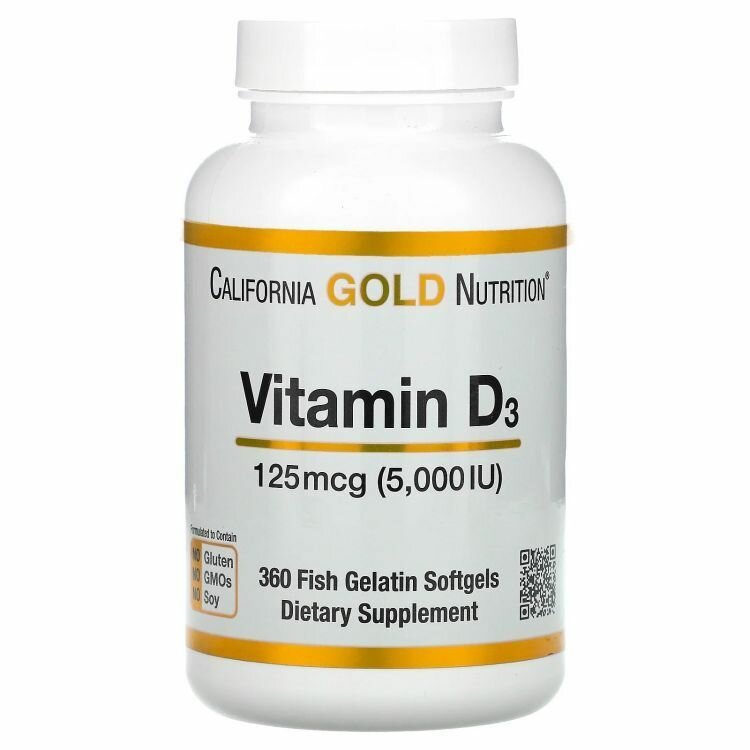 California Gold Nutrition, Витамин D3, 5000 МЕ, 360 желатиновых капсул из рыбы