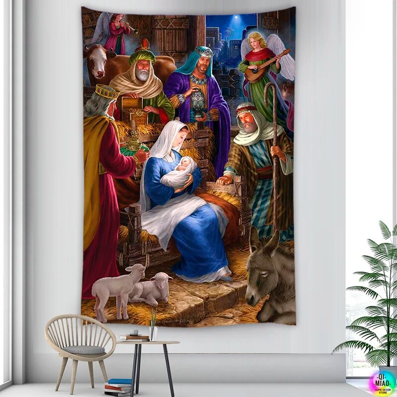 Гобелен рождественский с Иисусом, 90x75 см, Синий