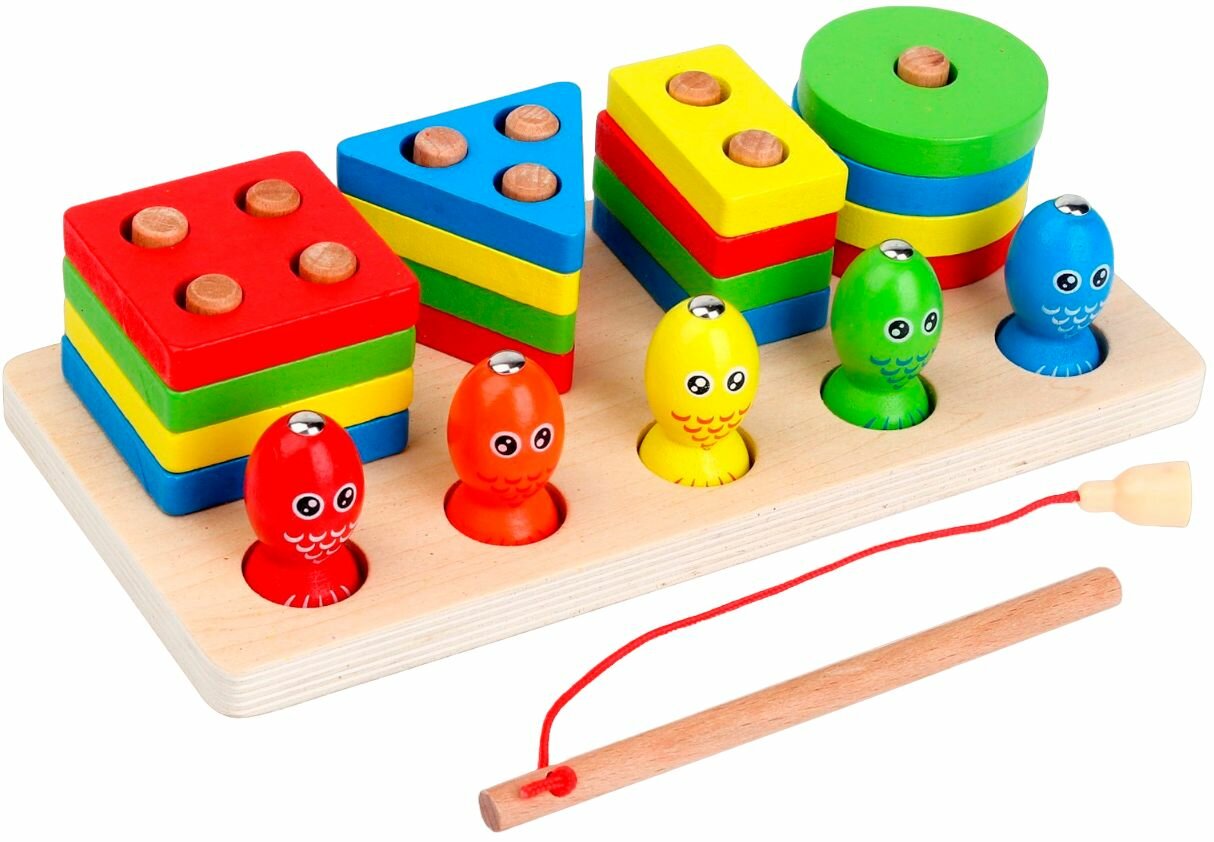 Детская развивающая пирамидка-сортер Логика , магнитная рыбалка с удочкой, учим цвета, геометрические фигуры и счет, 16 фигур, 5 магнитных рыбок, 21 х 10 х 5,5 см