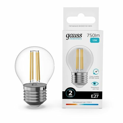 Светодиодная лампа Gauss Filament Elementary Шар 12W 750lm 4100К Е27 LED 1/10/100