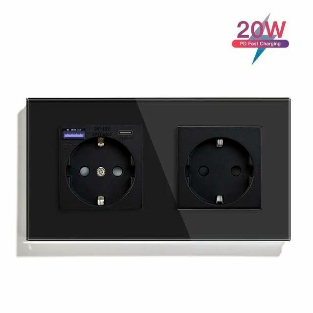 Розетка электрическая 2 поста EU/AC, быстрая зарядка 20W, стекло 157х86 мм, цвет черный