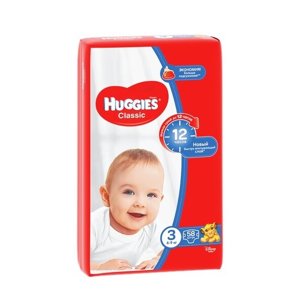 Подгузники детские Huggies Classic, Soft&Dry Дышащие 3 размер, 4-9 кг, 58 шт (9402667)