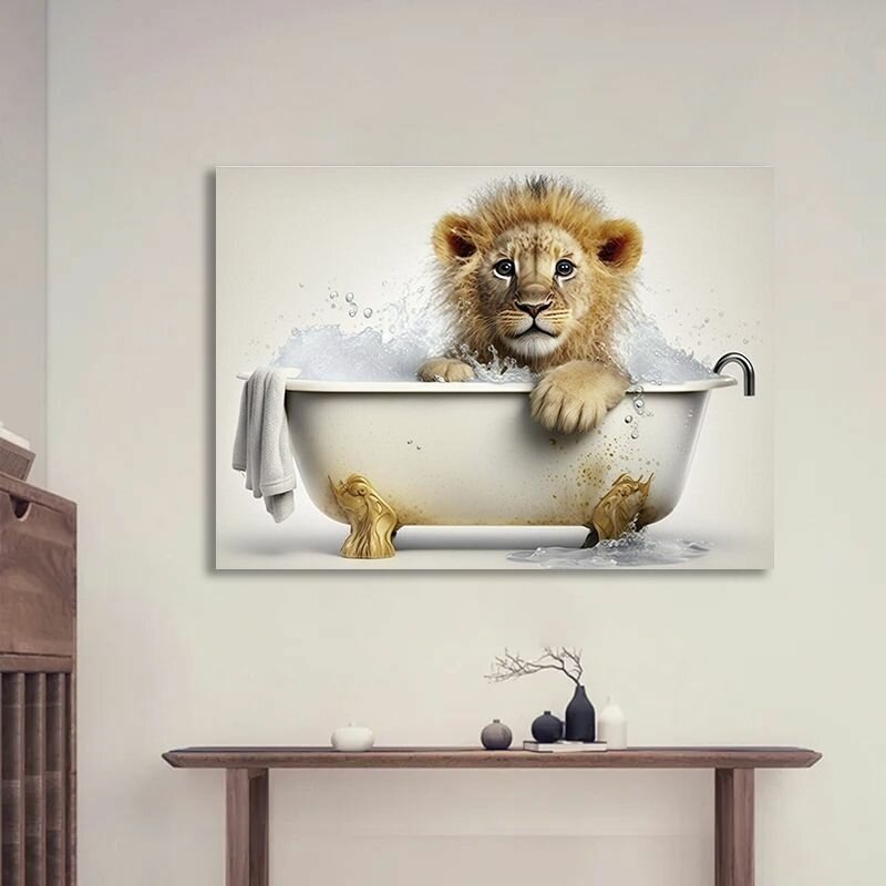 Картина "Львенок в ванной" ВсеКартины. Тут, на деревянном подрамнике, 70x50 см