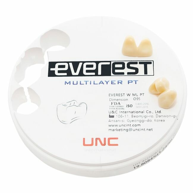 Диск циркониевый Everest Multilayer PT, многослойный для Zirconzahn, 95х22мм, A2, UNC Inc (Корея)